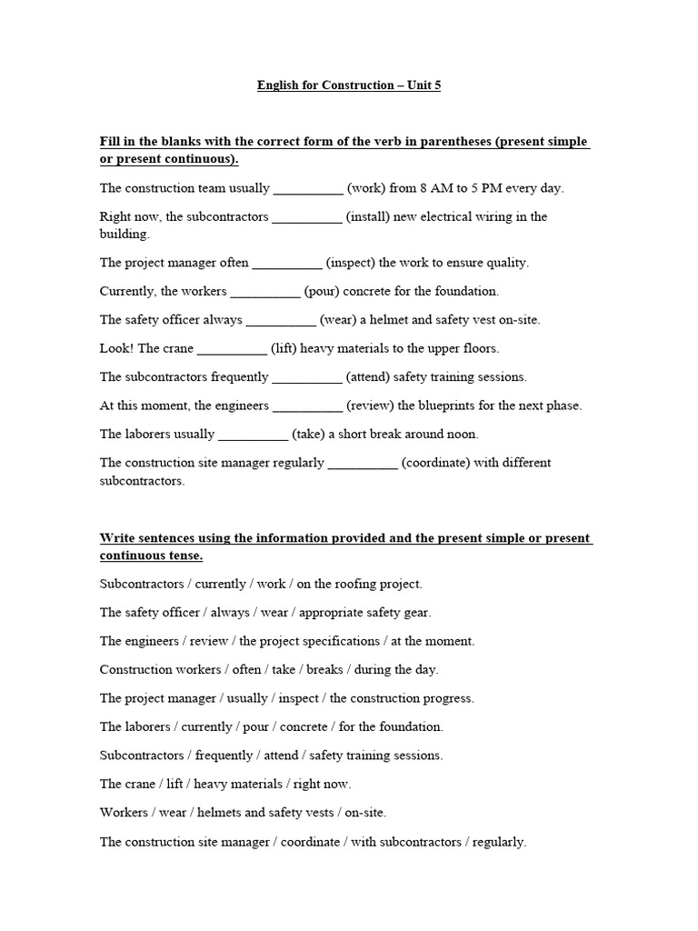 English for Construction: Verb Tenses Practice | PDF | Transport ...