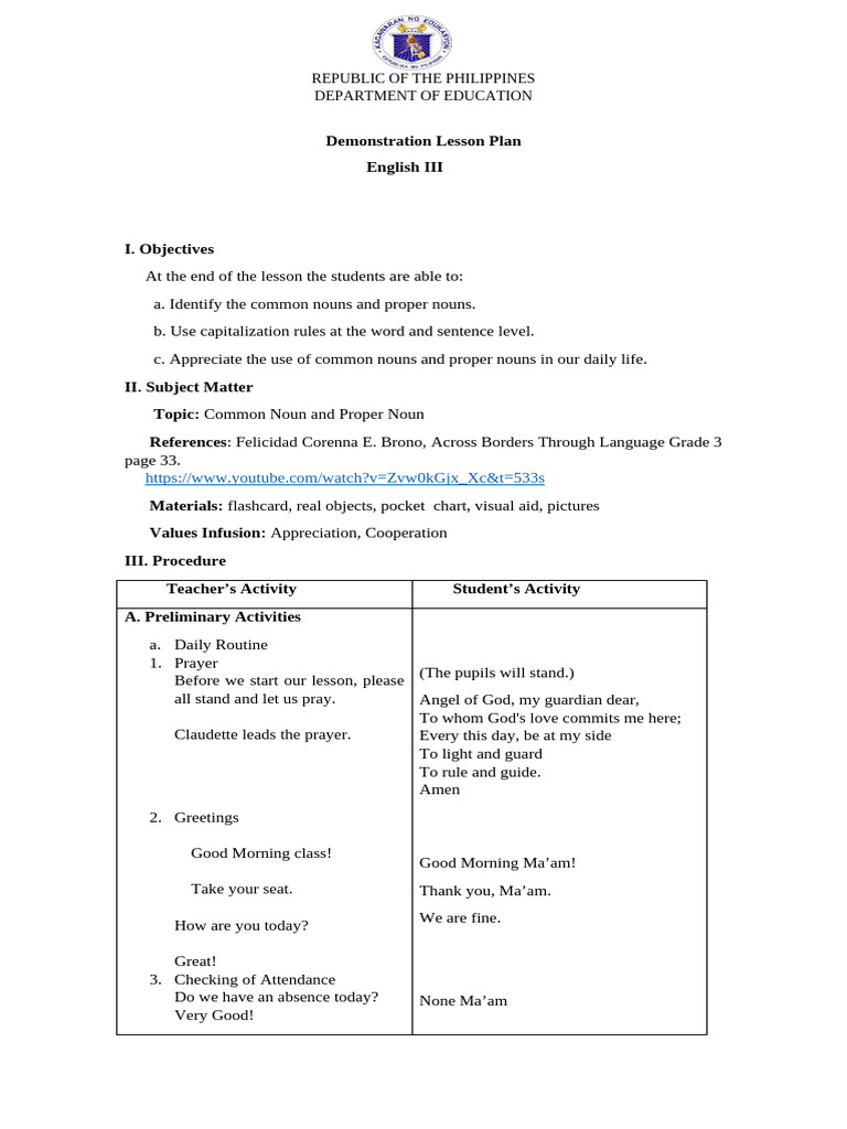 Common and Proper Nouns Lesson Plan | PDF | Lesson Plan | Linguistics