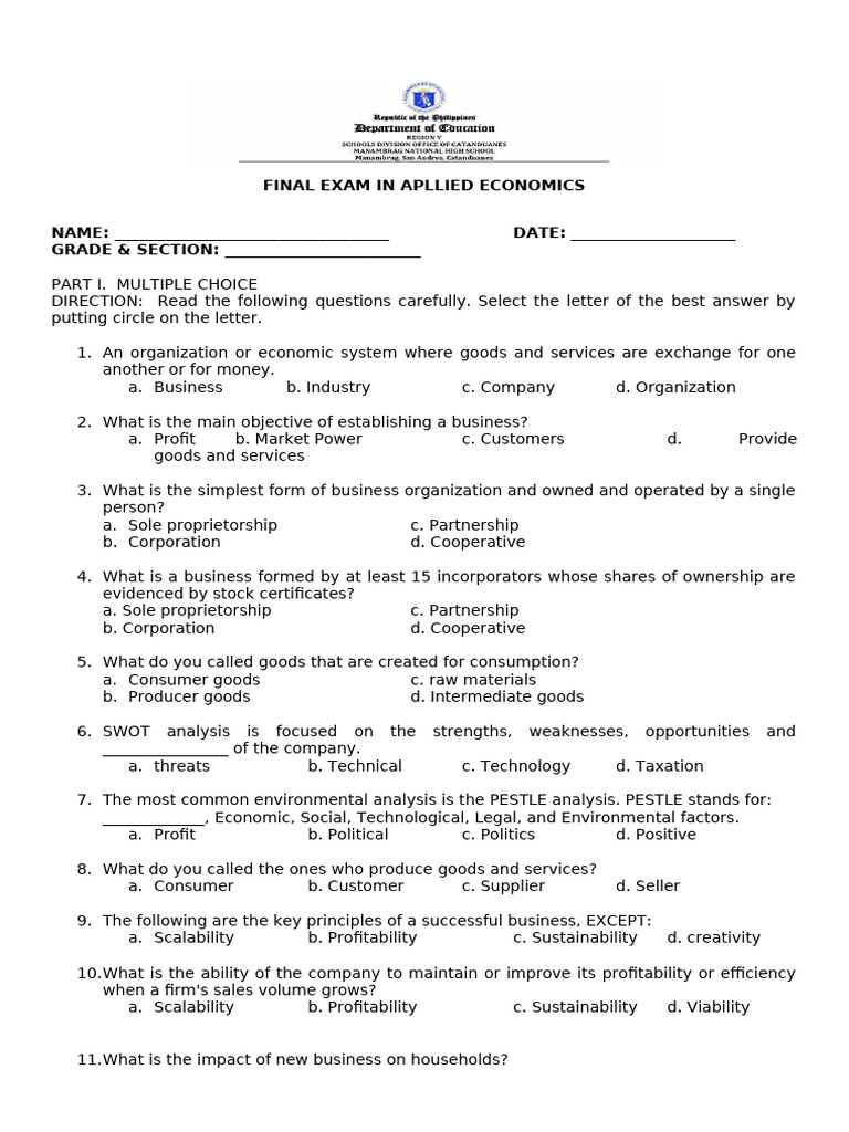 Applied Economics Final Exam Questions | PDF | Taxes | Goods