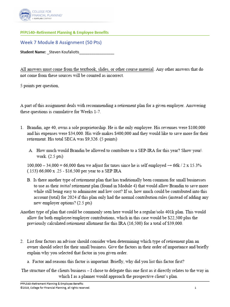 PFPL540 Week 7 Assignment Module 8 202 | PDF | Pension | Life Insurance