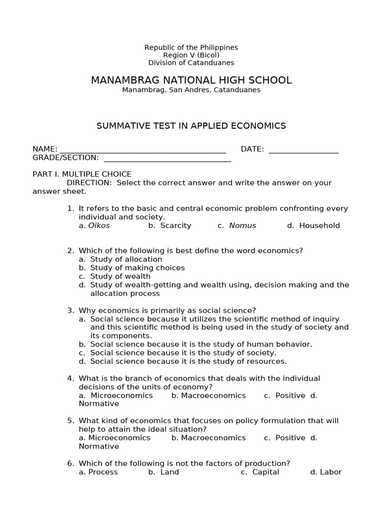 Summative Test: Applied Economics | PDF | Economics | Demand