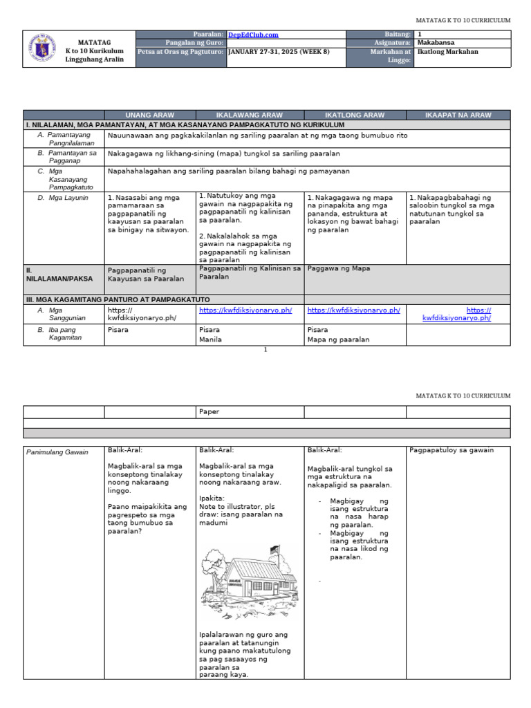 DLL Matatag - Makabansa 1 - Q3 - W8 | PDF