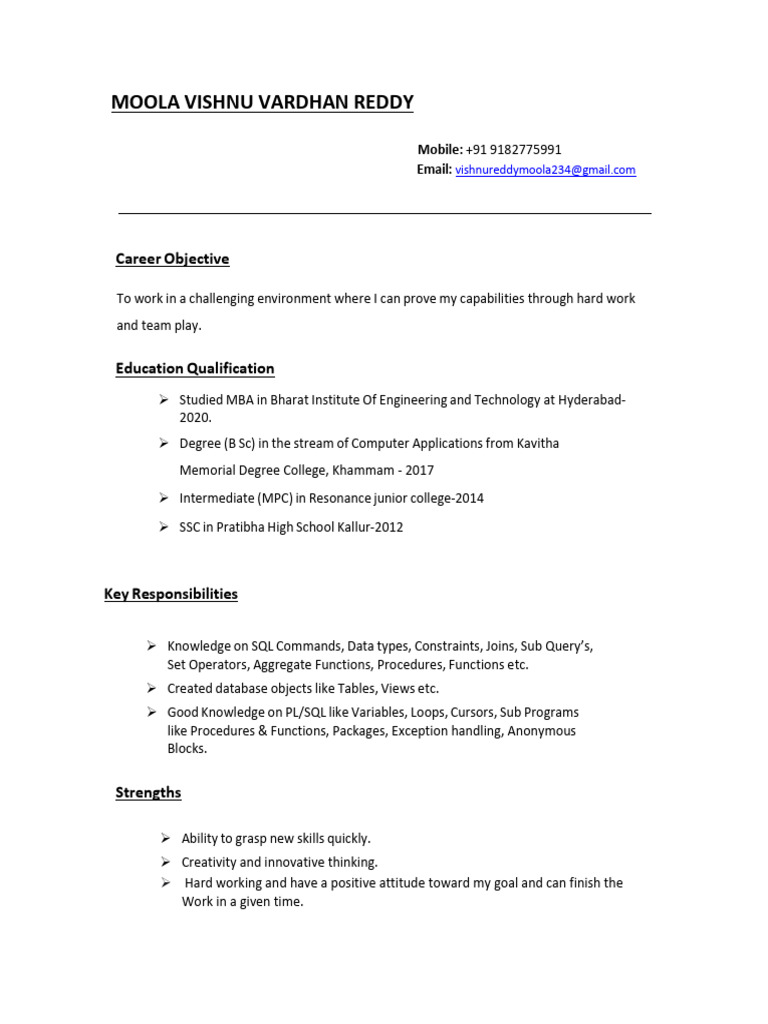 Vishnu Resume SQL (F) | PDF