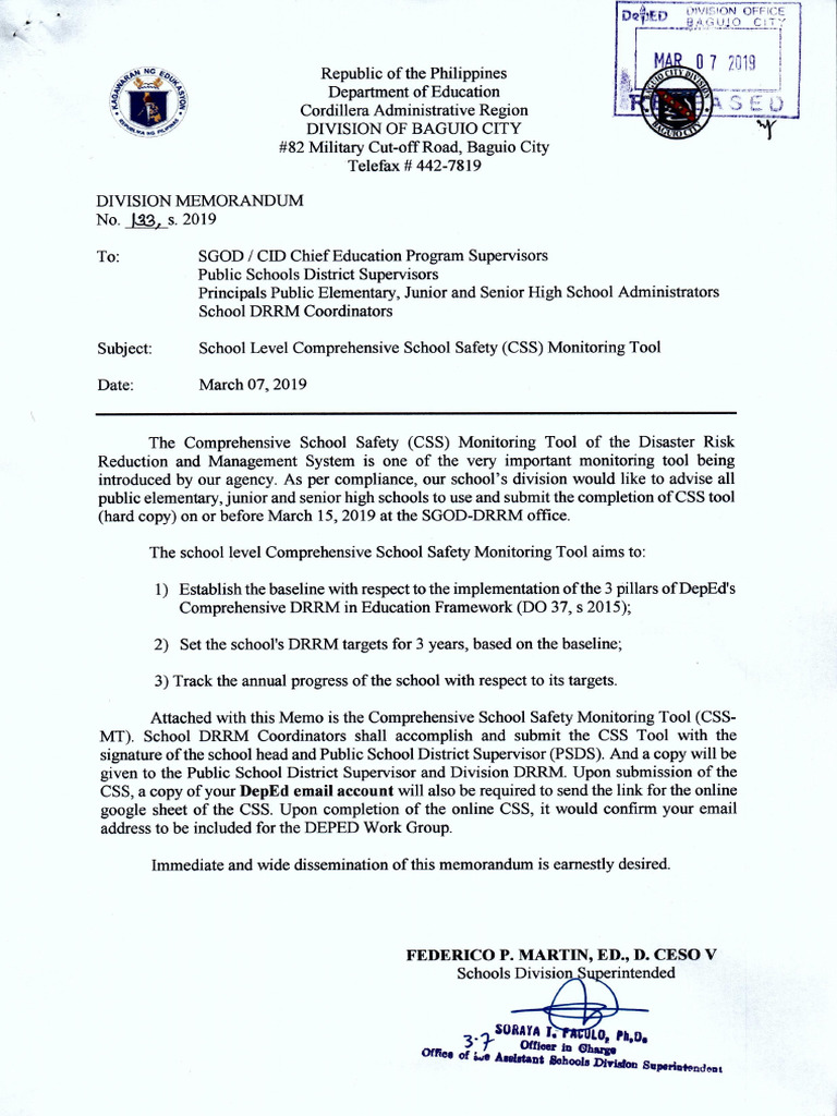 Division Memo No. 133 S. 2019 School Level Comprehensive School Safety ...