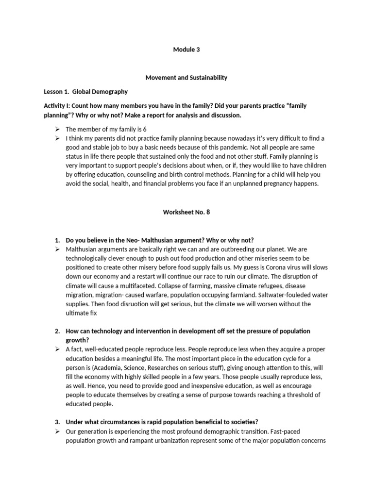 Activity and Worksheet No 8 | PDF | Family Planning | Environmental Social Science