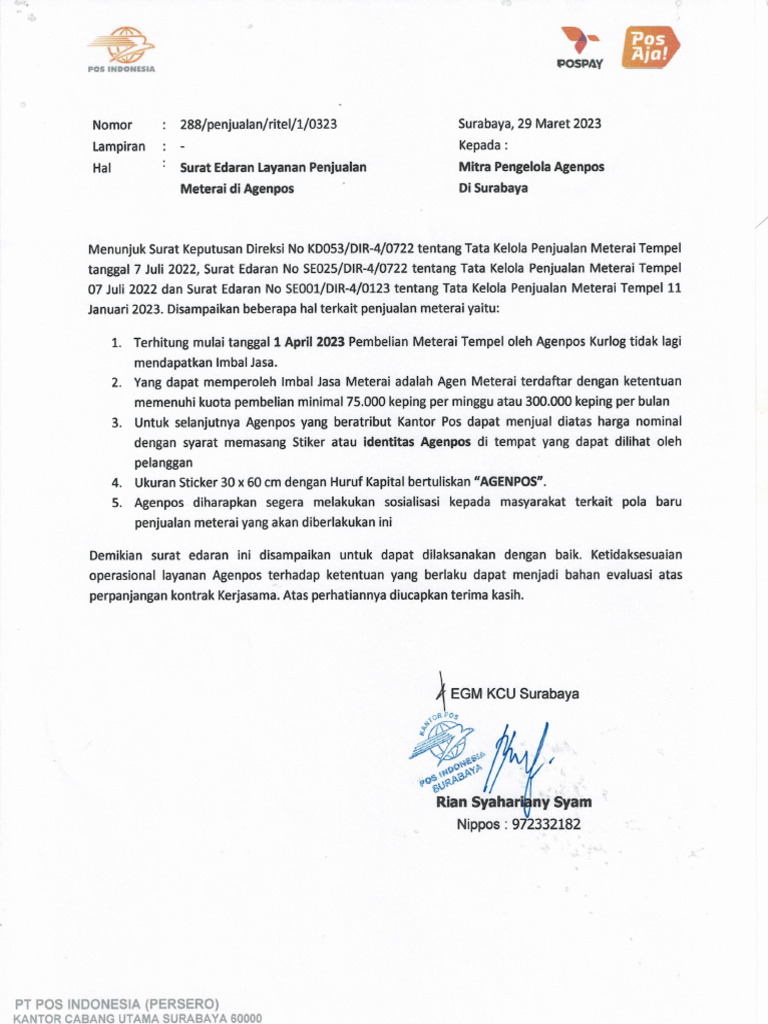 Surat Edaran Layanan Penjualan Materai di Agen Pos_000221 | PDF