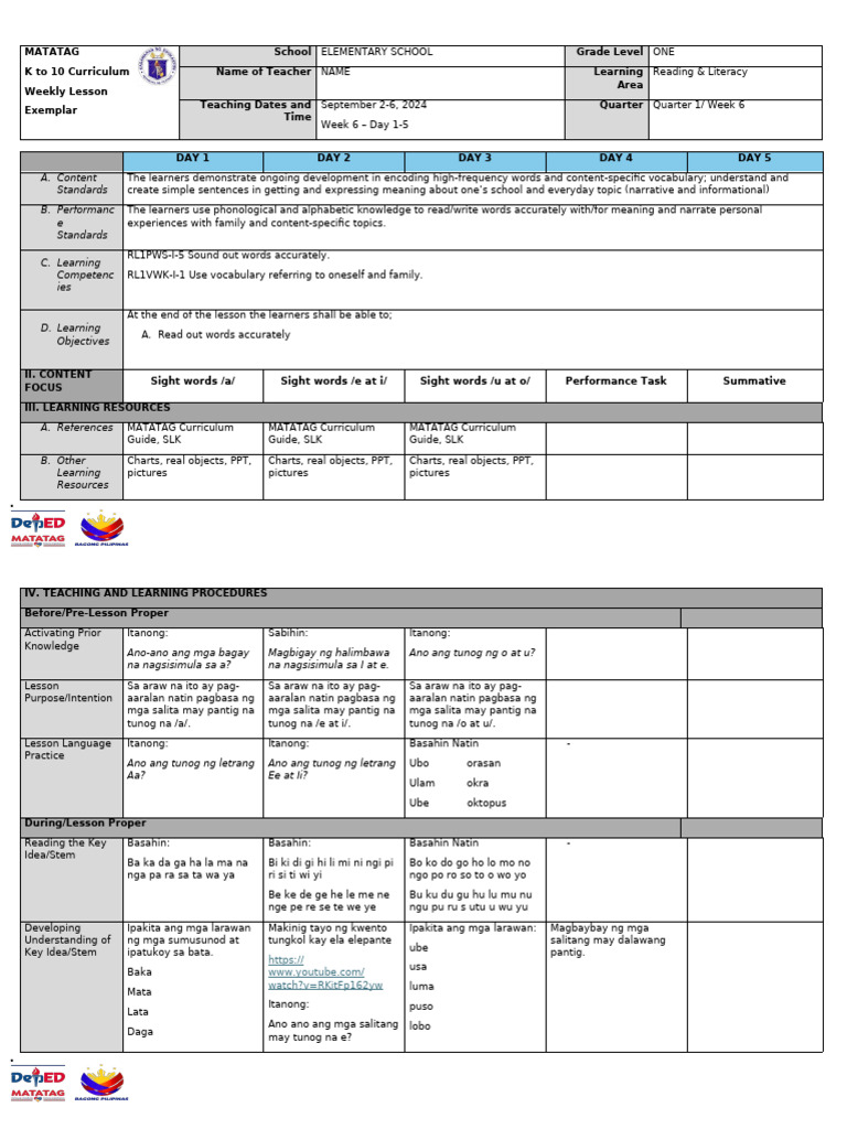 Q1-LE-MATATAG WEEK6 Reading | PDF