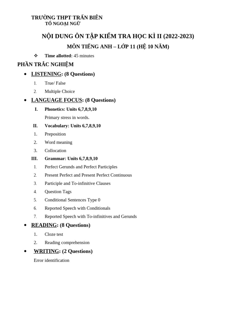 ĐỀ CƯƠNG ANH 11 HKII 22 23 10 NĂM | PDF