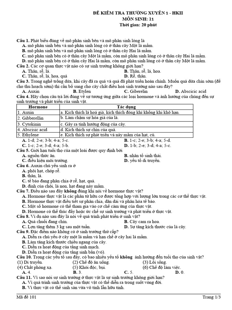 Kiemtra TX 1-hk2 Sinh 11 | PDF