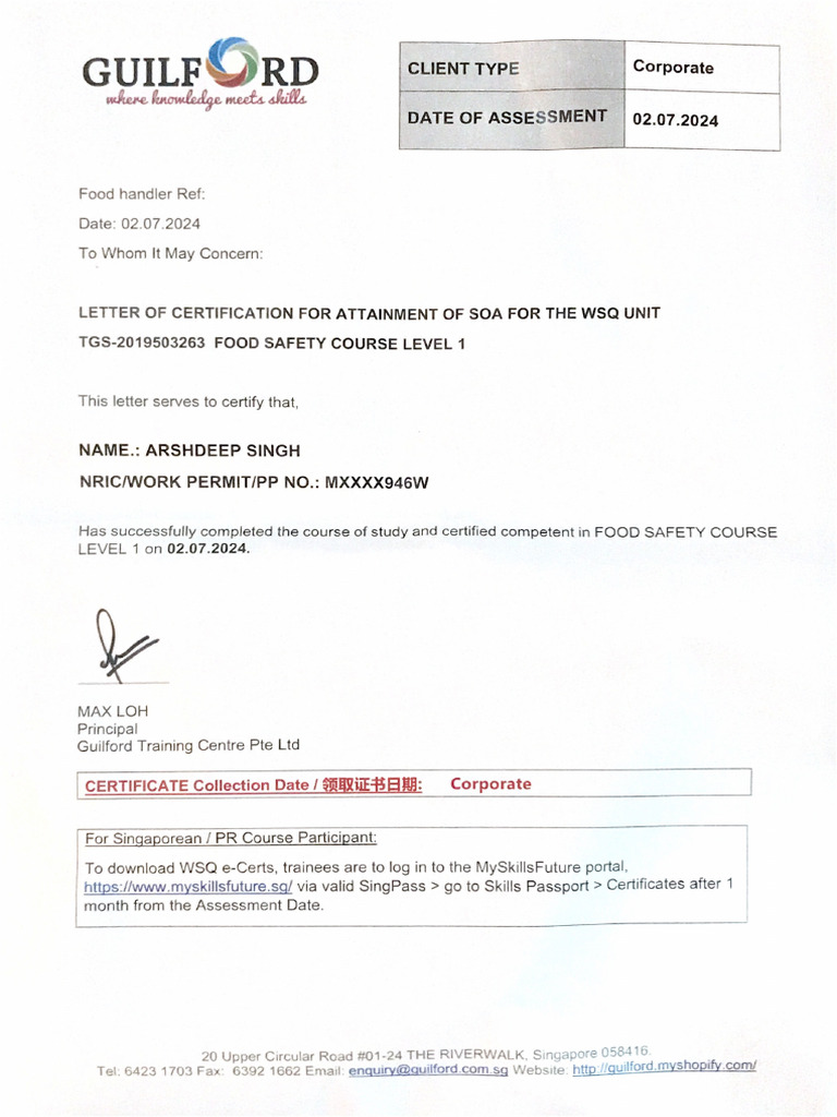 Food Safty Certificate | PDF