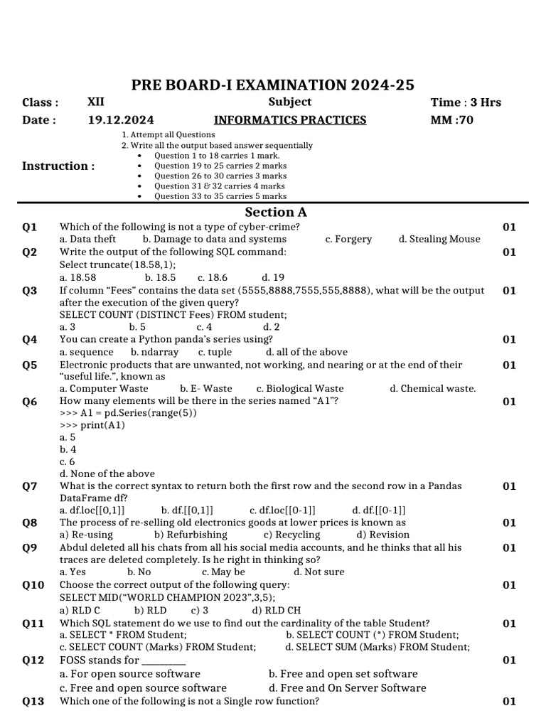 XII Pre Board-I 2024-25 | PDF | Sql