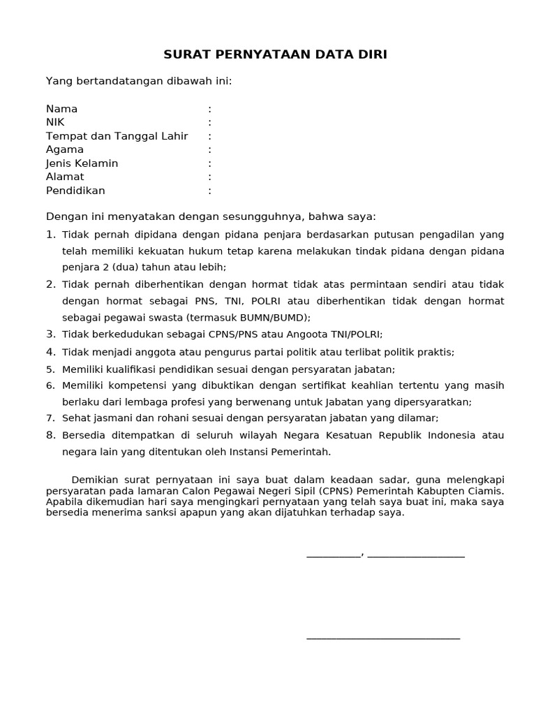SURAT PERNYATAAN DATA DIRI | PDF