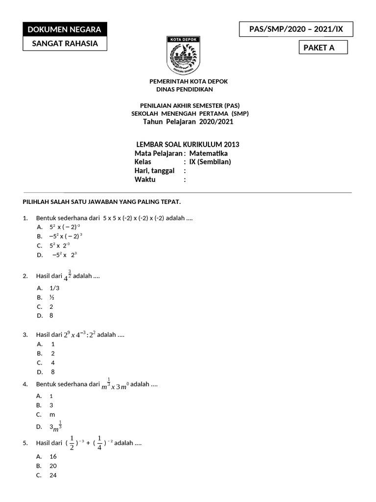 Soal Pas Matematika Kelas 9 Paket A | PDF