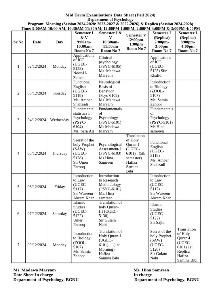 Mid Term Date Sheet Fall 2024 | PDF | Quran | Islam
