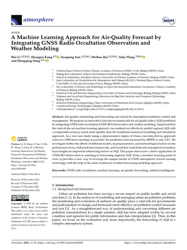 A Machine Learning Approach for Air-Quality Forecast by Integrating GNSS Radio Occultation ...