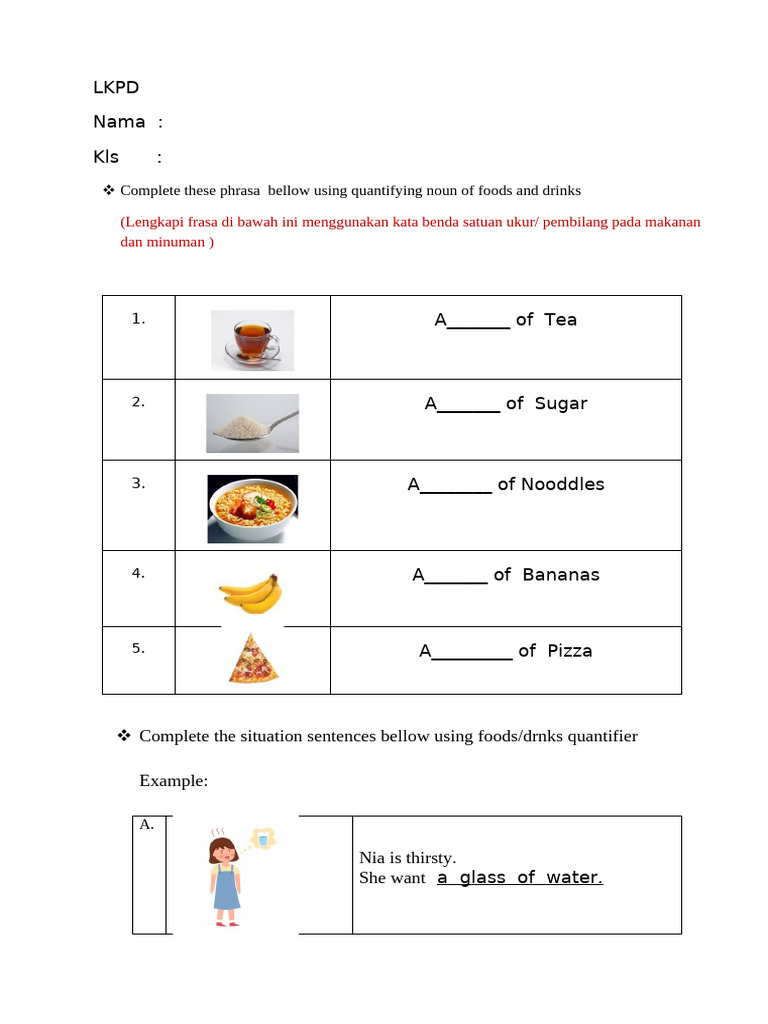 Food and Drink Quantifiers Exercise | PDF