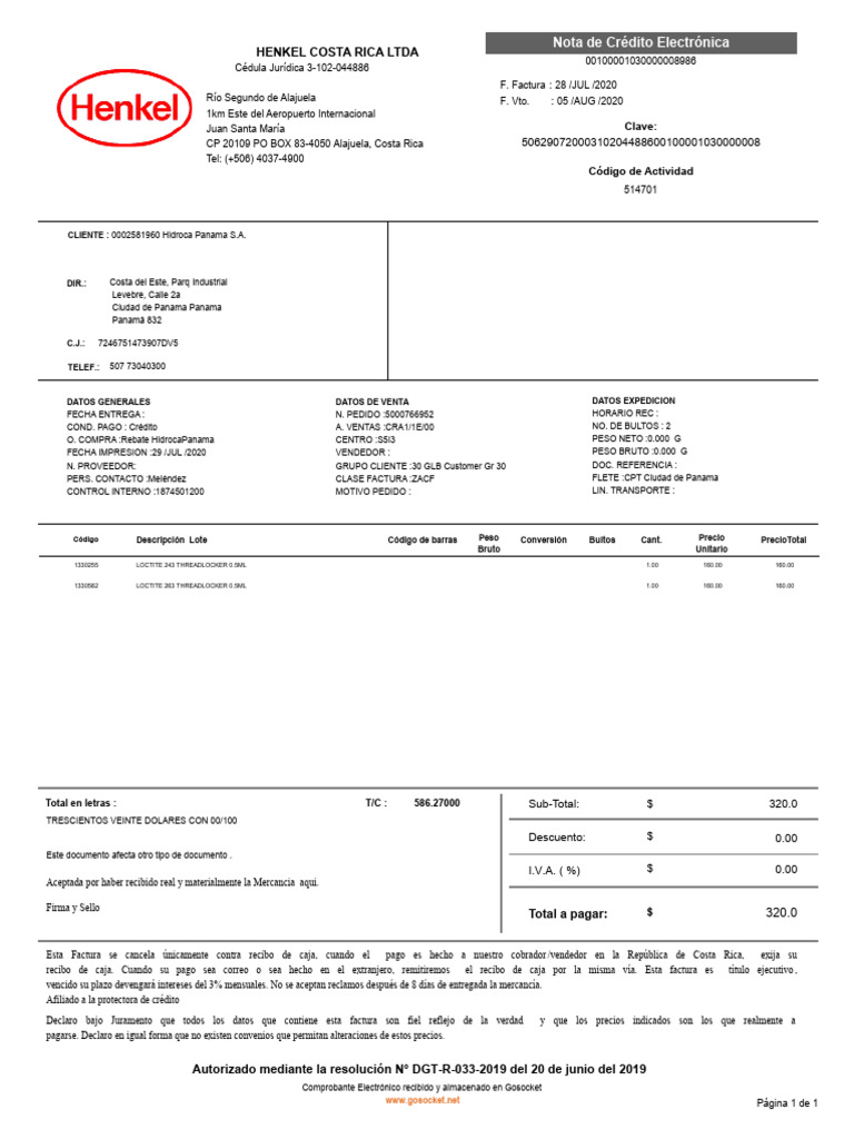 Nota de Crédito Hidroca Panamá 2020 | PDF | Factura | Panamá