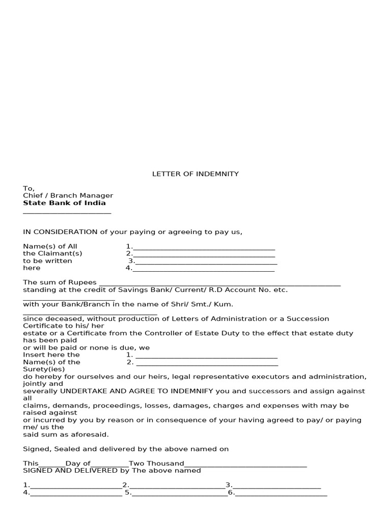 Letter of Indemnity - Sbi | PDF