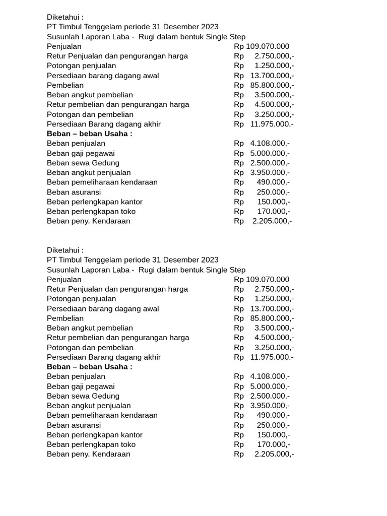 Laporan Laba Rugi Single Step 2023 | PDF