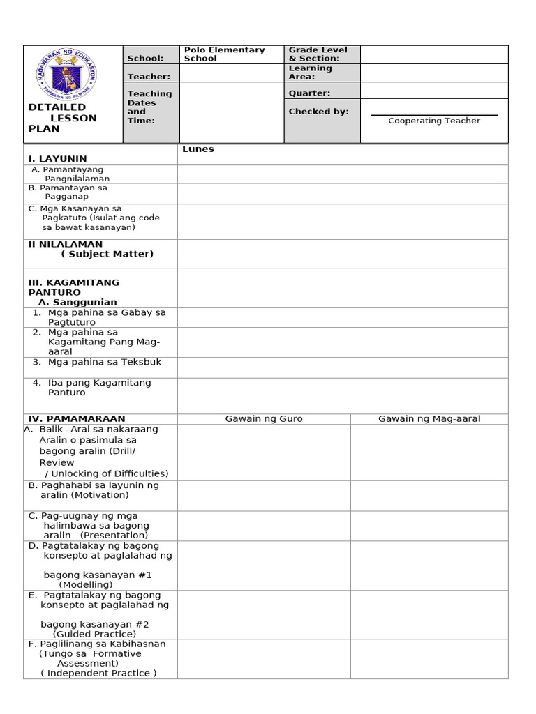 Detailed Lesson Plan: I. Layunin Lunes | PDF