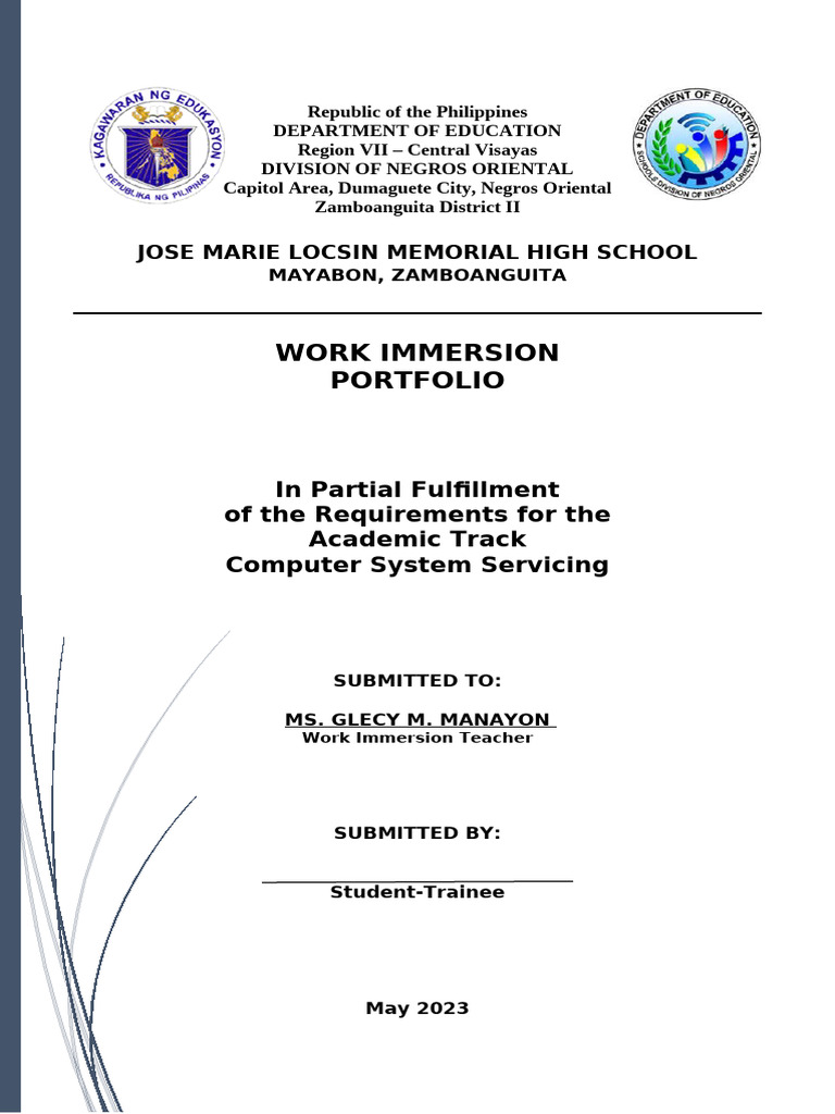 TEMPLATE WORK IMMERSION PORTFOLIO Student Copy FOR PRINTING | PDF ...