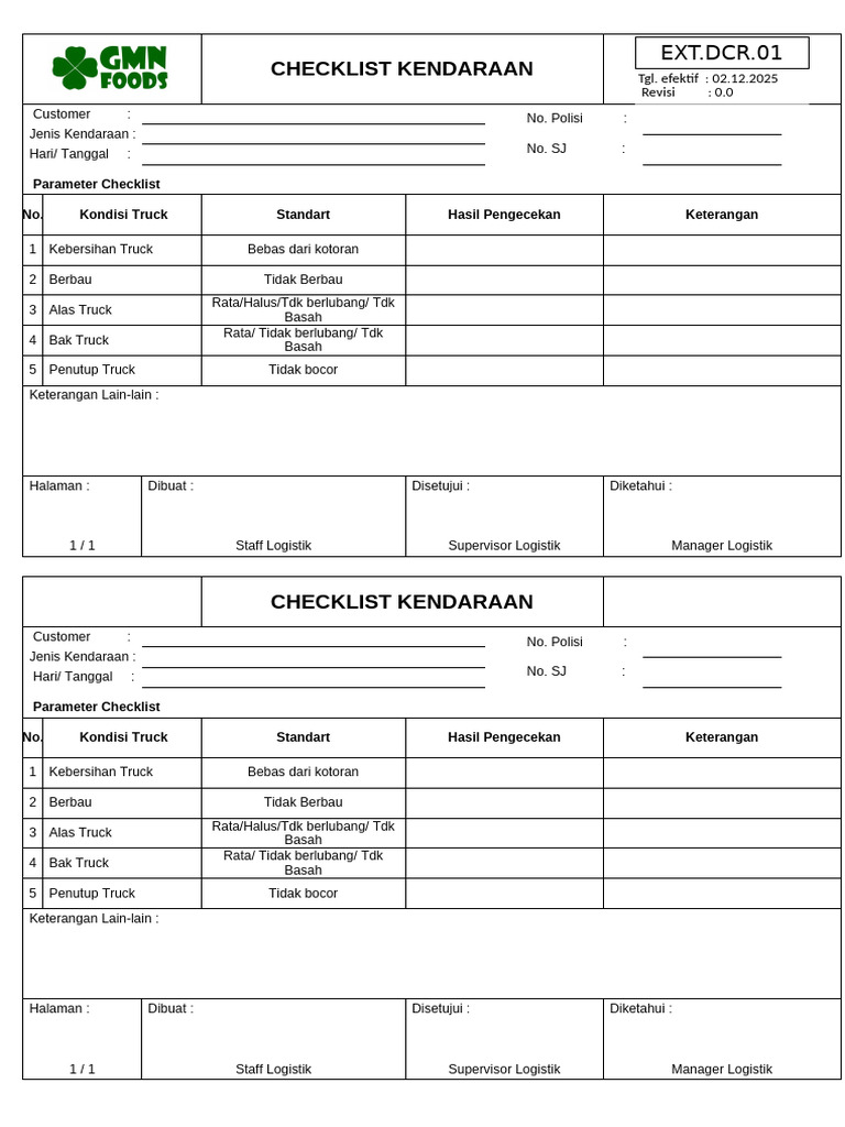 Contoh Checklist Kendaraan | PDF