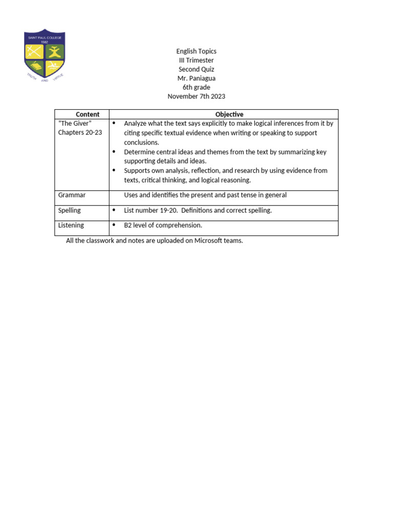 6th Grade English Quiz: "The Giver" Analysis | PDF