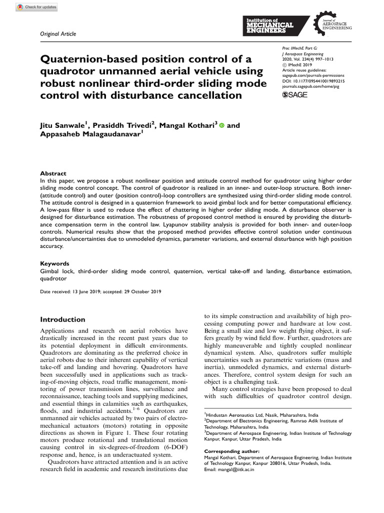 Sanwale Et Al 2019 Quaternion Based Position Control of A Quadrotor Unmanned Aerial Vehicle ...