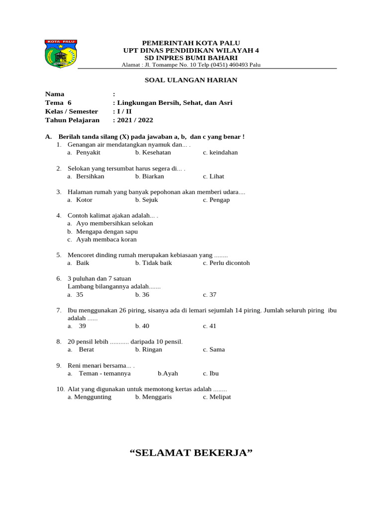 Soal UH Tema 6 Kelas 1 Semester 2 | PDF
