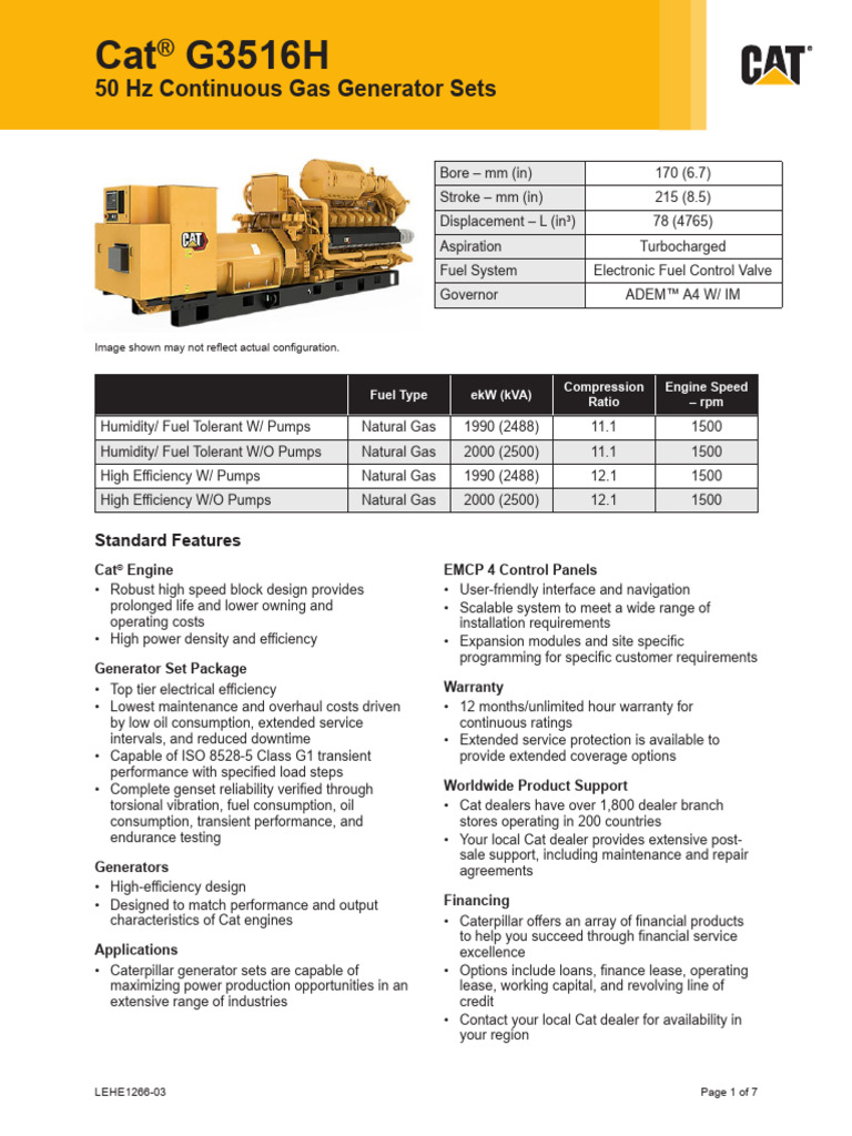Cat G3516H: ® 50 HZ Continuous Gas Generator Sets | PDF | Engines ...