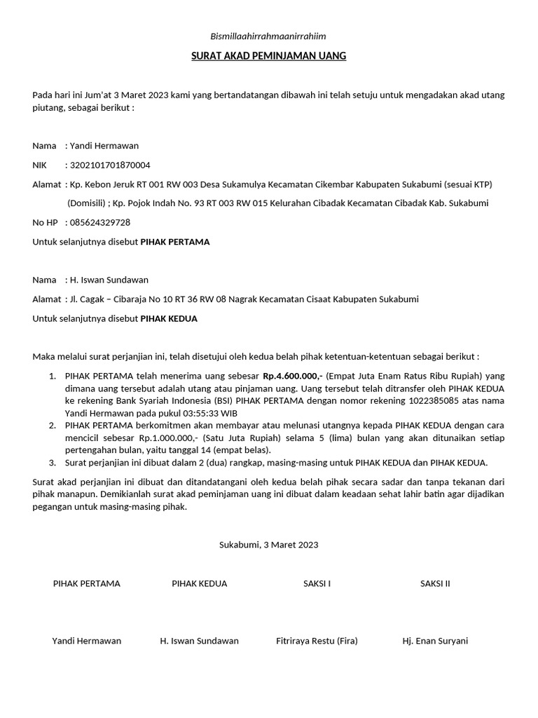 Surat Akad Pinjaman | PDF
