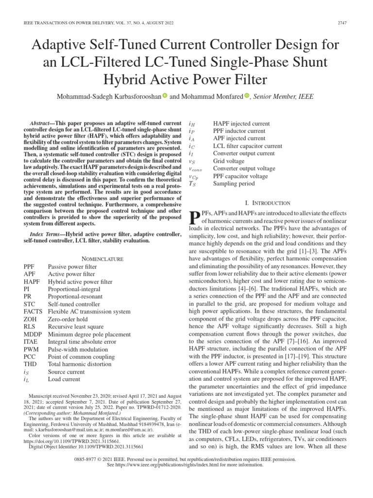 Adaptive Self-Tuned Current Controller Design for an LCL-Filtered LC-Tuned Single-Phase Shunt ...