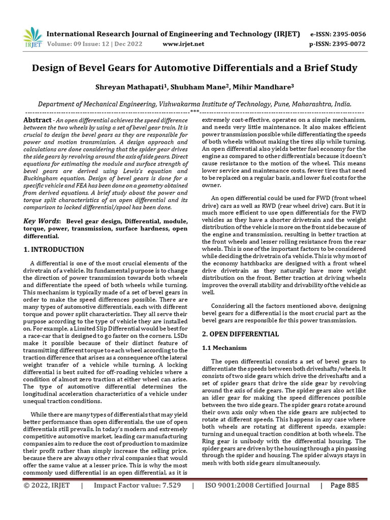 Bevel Gear Design for Differentials | PDF | Gear | Force