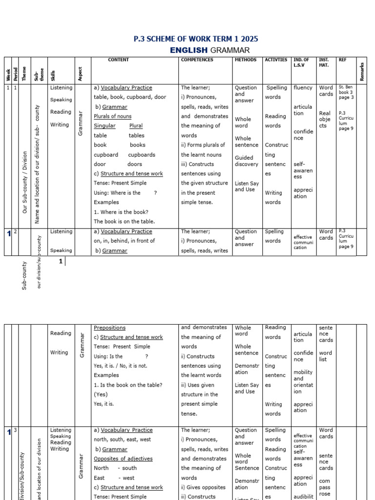 P.3 Eng Scheme Term 1 Grammar | PDF | Plural | Vocabulary