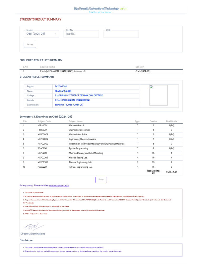 Bput Exams - Results 3rd Sem | PDF | Engineering | Applied And Interdisciplinary Physics