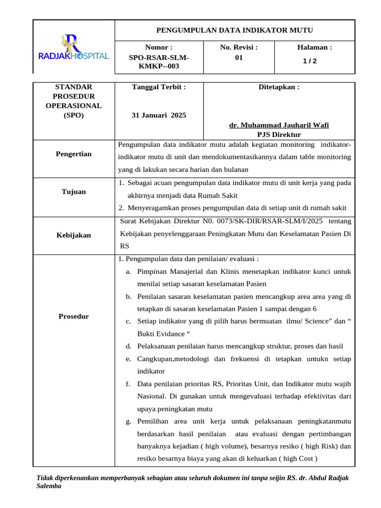 03. SPO PENGUMPULAN DATA INDIKATOR MUTU RS | PDF