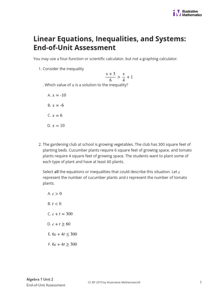 (ALG1 - U2Q4) End of Unit Practice Test | PDF | Algebra | Equations