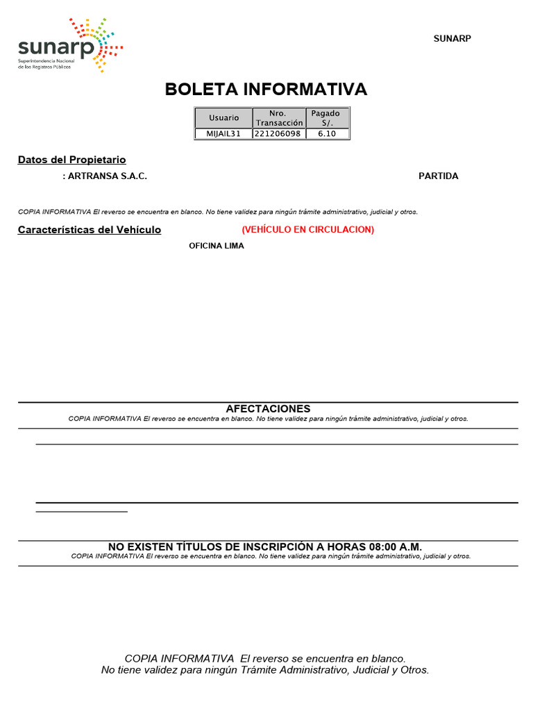 Boleta Informativa Vehicular SUNARP | PDF | Estilos de carrocería ...
