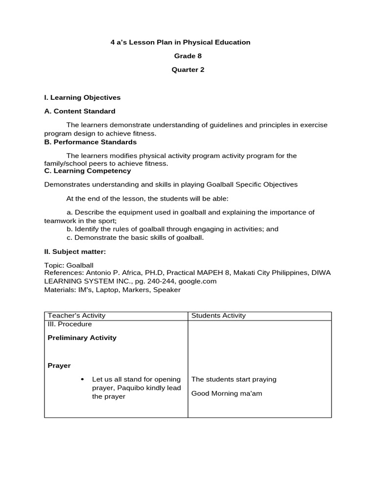 4a's Lesson Plan Completed Final | PDF | Lesson Plan | Cognition