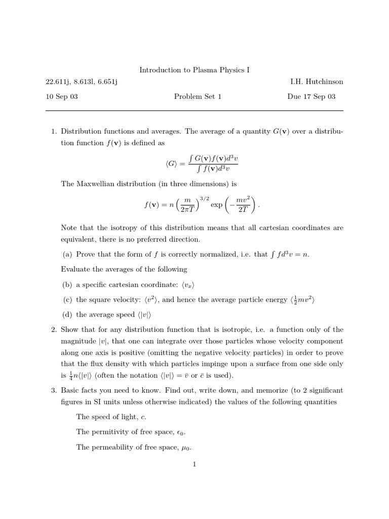 Plasma Physics Problem Set 1 | PDF | Physical Phenomena | Physical Quantities