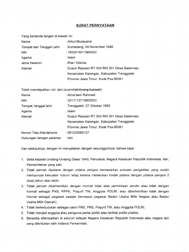 Surat Pernyataan Atik Stam 1 | PDF