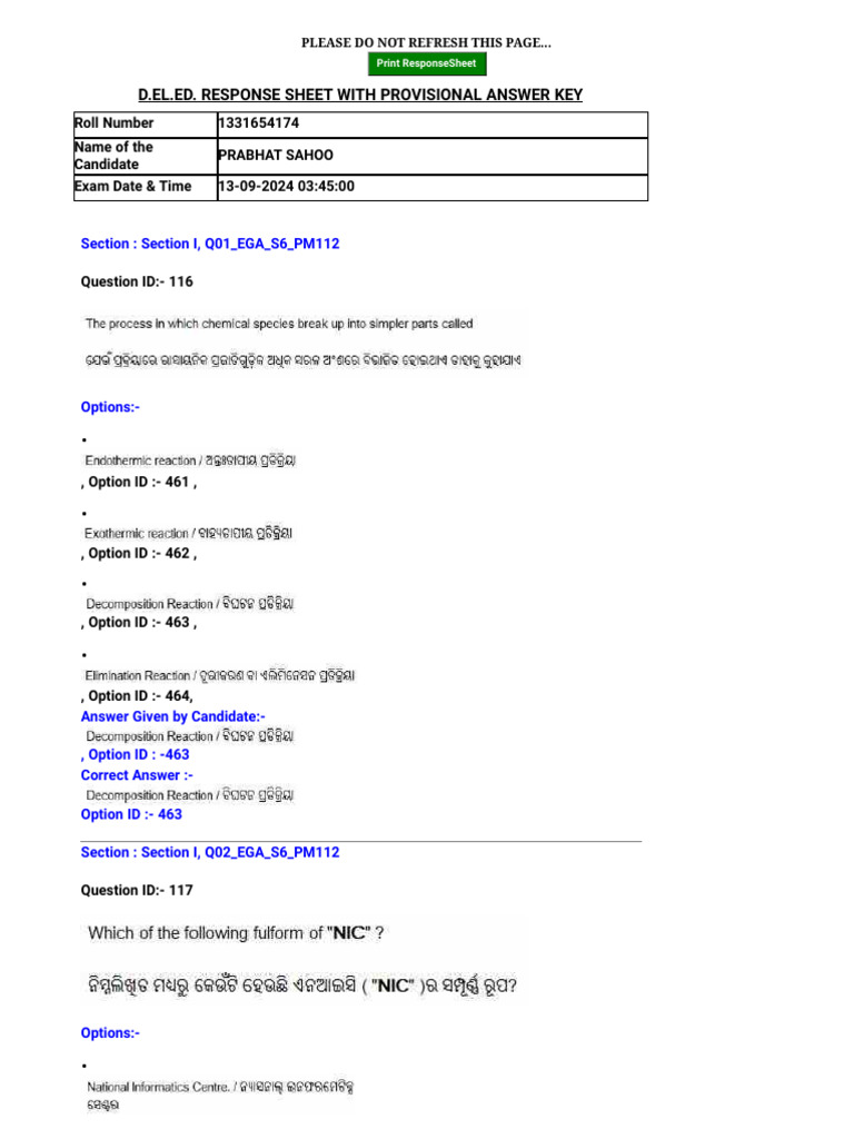 CT Response Sheet | PDF