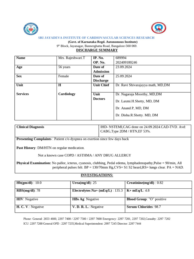 Cardiology Discharge Summary: Mrs. Rajeshwari | PDF | Medical ...