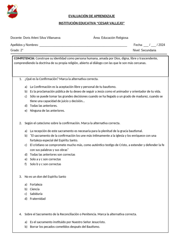 Prueba Segundo | PDF | Confirmación | Bautismo