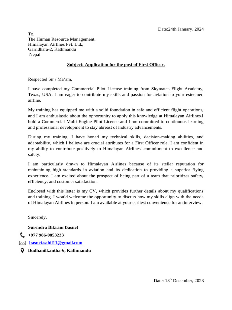 First Officer Application Letters | PDF | Aviation | Transport