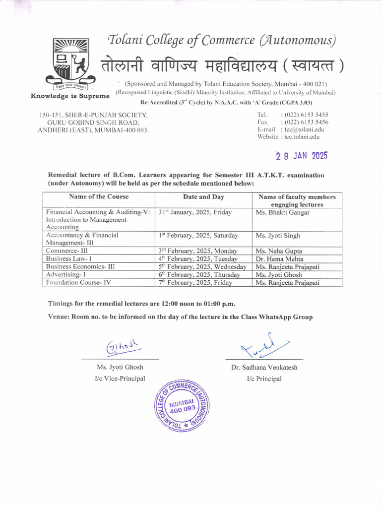 Timetable Remedial Lecture Sem III Autonomous | PDF