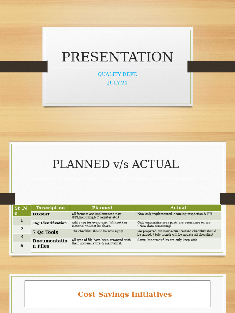 Quality Dept. July Report: Planned vs Actual | PDF