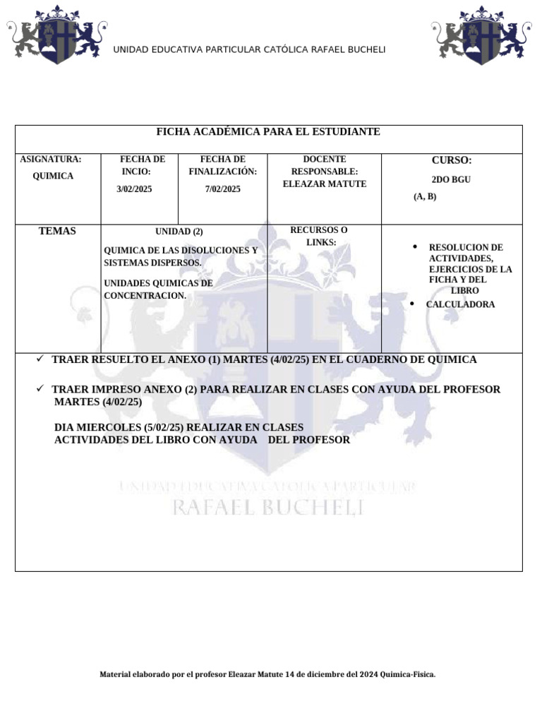 Fichas Definitiva 2do Bgu Del 3 Al 7 de Febrero | PDF | Concentración | Química