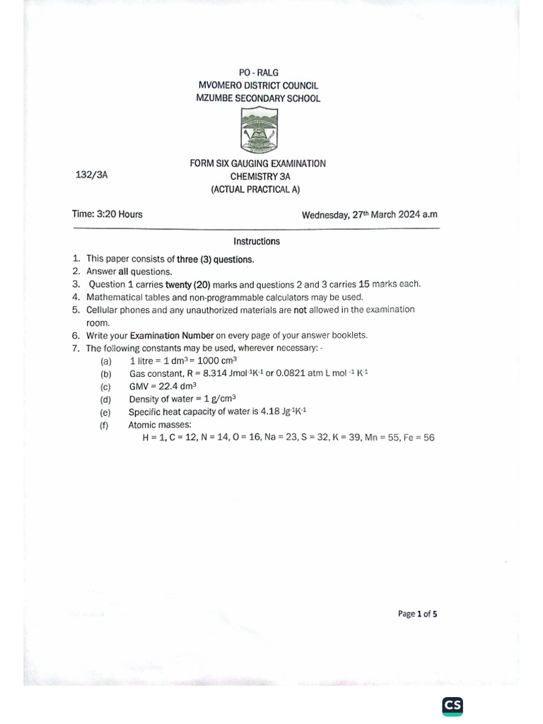 Mzumbe Gauging Chemistry 3a 2024 | PDF