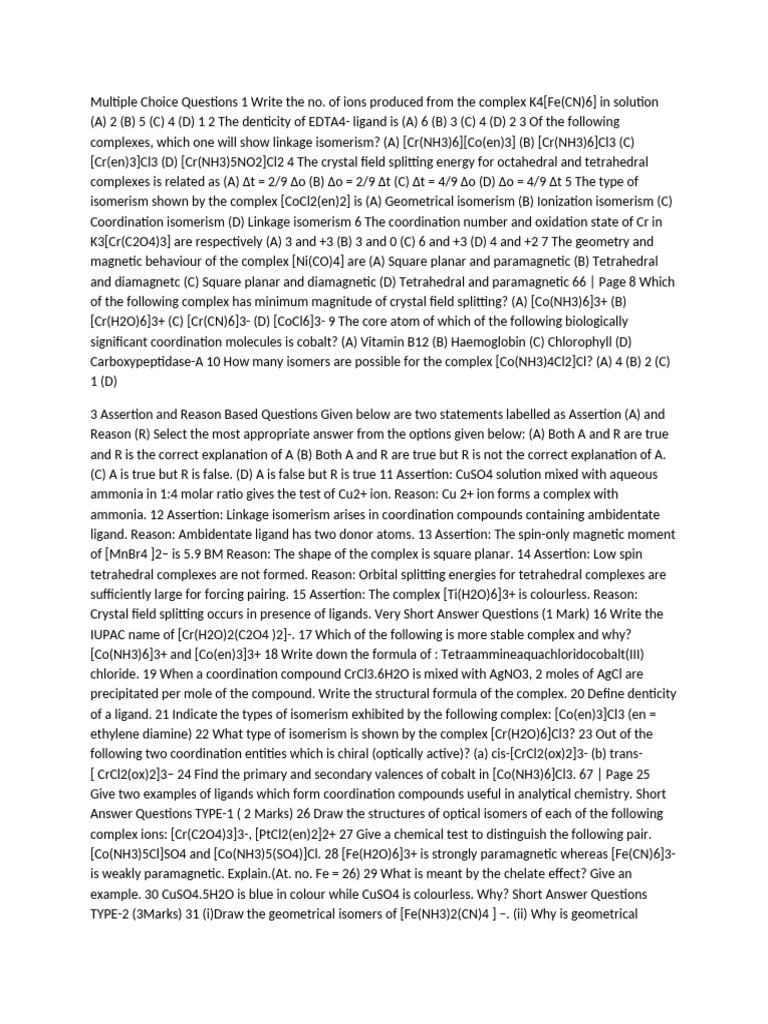 Coordination Compounds Work Sheet | PDF | Coordination Complex | Ligand